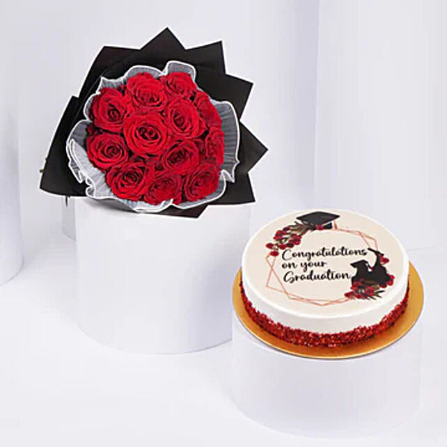 Red Roses Bouquet and Graduation Cake saudi-arabia | Gift Red Roses ...