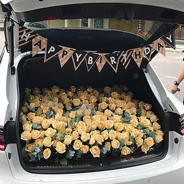 Happy Birthday Car Decor with Peach Roses singapore | Gift Happy ...