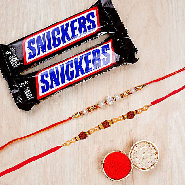 Two Pearl Rakhis And Snickers Combo singapore | Gift Two Pearl Rakhis ...