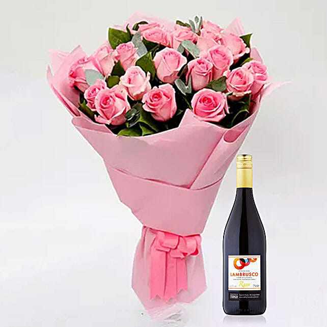 Bunch of 20 Lovely Pink Roses With Tesco Red Wine singapore | Gift ...
