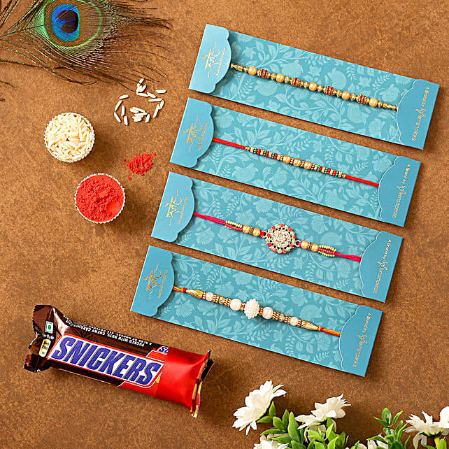 Set Of 4 Ethnic Rakhis & Snickers Chocolate Combo singapore | Gift Set ...