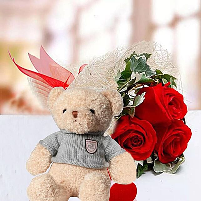 Red Roses And Brown Teddy Combo singapore | Gift Red Roses And Brown ...