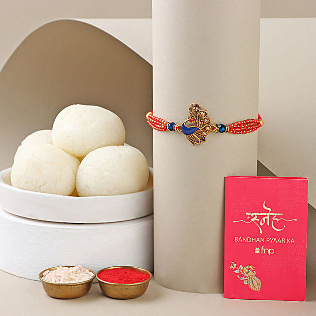 Sneh Blue Peacock Designer Rakhi With Rasgulla Singapore T Sneh