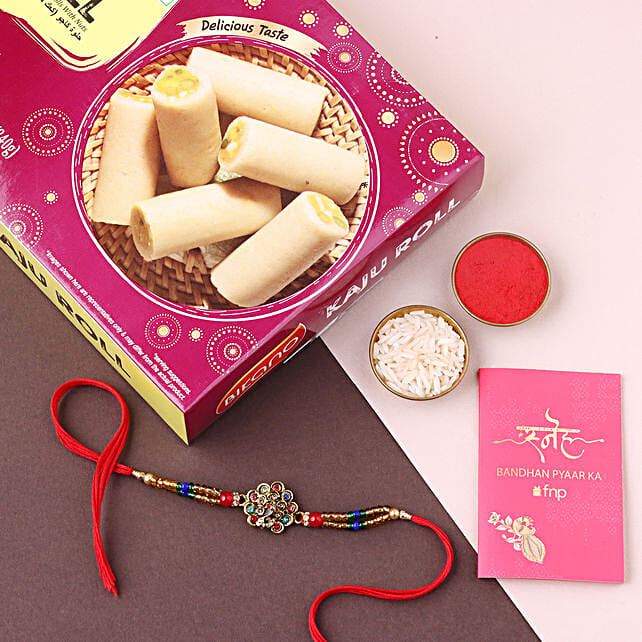 Sneh Designer Peacock Rakhi With Kaju Roll Singapore T Sneh Designer Peacock Rakhi With