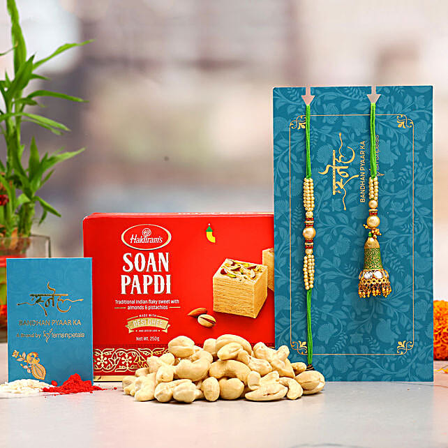 Ethnic Lumba Rakhi Set And Cashew With Soan Papdi spain | Gift Ethnic ...