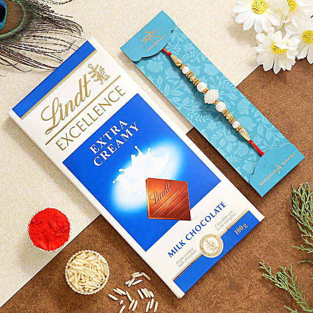 Elegant Pearl Mauli Rakhi And Lindt sweden | Gift Elegant Pearl Mauli ...
