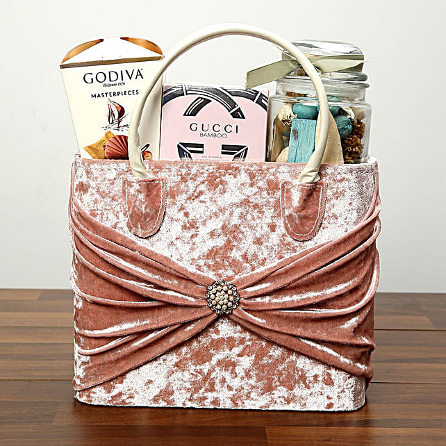 Perfume and Chocolate With Ladies Velvet Bag uae | Gift Perfume and ...
