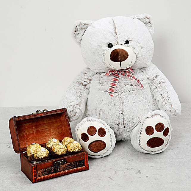 Teddy Bear and Wooden Chocolate Box Combo uae | Gift Teddy Bear and ...