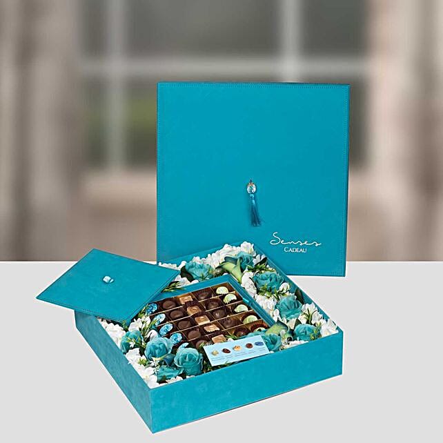 Blue Flowers Choco Box uae | Gift Blue Flowers Choco Box- FNP