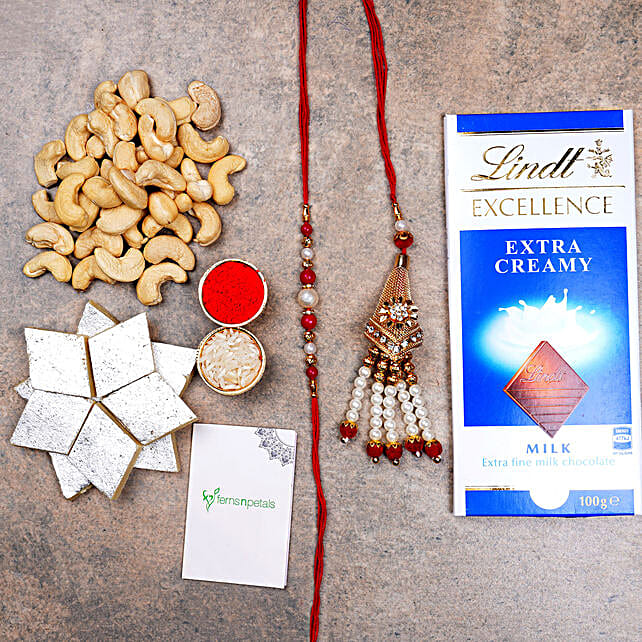 Fancy Rakhi Set With Kaju Katli And Cashews uae | Gift Fancy Rakhi Set ...