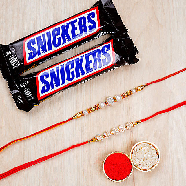 Two Pearl Rakhis And Snickers Combo uae | Gift Two Pearl Rakhis And ...