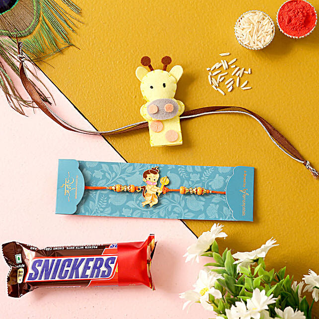 Set Of 2 Cute kids Rakhis & Snickers Chocolate Combo uae | Gift Set Of ...