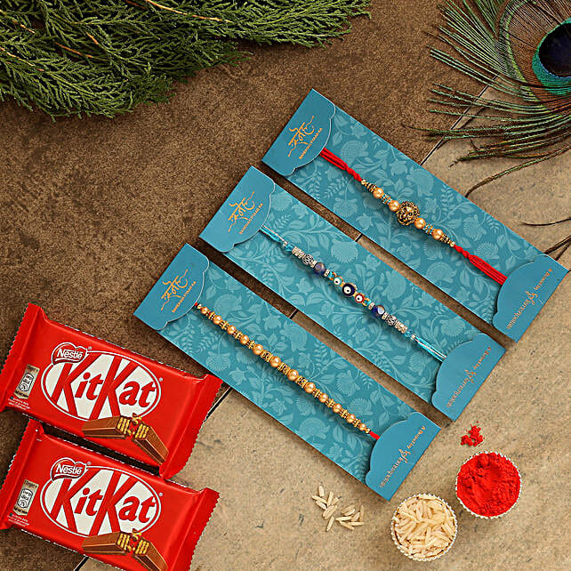 Set Of 3 Traditional Rakhis & Nestle Kitkat uae | Gift Set Of 3 ...