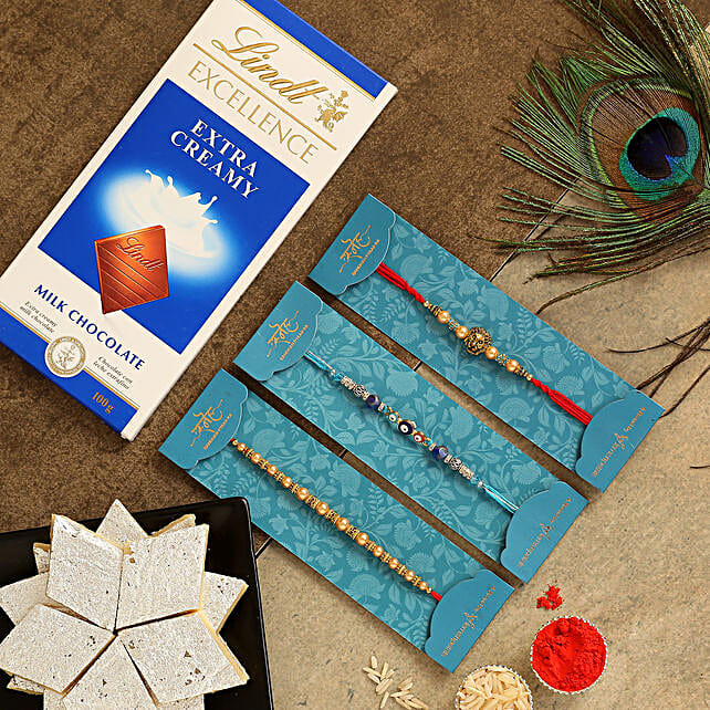Set Of 3 Traditional Rakhis & Sweets With Chocolate uae | Gift Set Of 3 ...