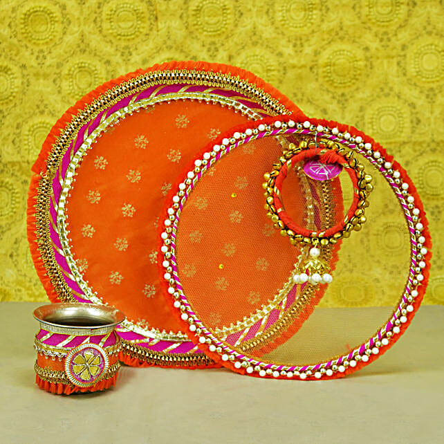 Thread Embroidery Orange Thali Set uae | Gift Thread Embroidery Orange ...