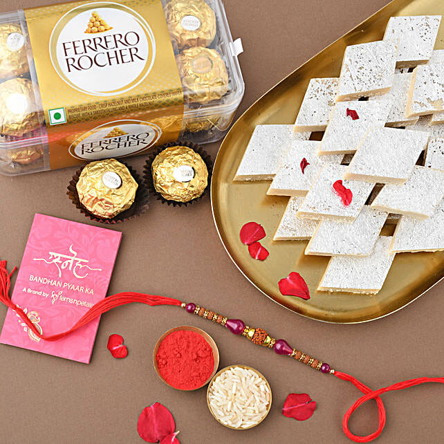 Sneh Elegant Rudraksha Rakhi & Delectable Goodies uae | Gift Sneh Elegant Rudraksha Rakhi ...