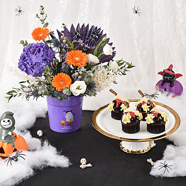Boo Purple Basket Flowers Basket And Cupcake uae | Gift Boo Purple ...
