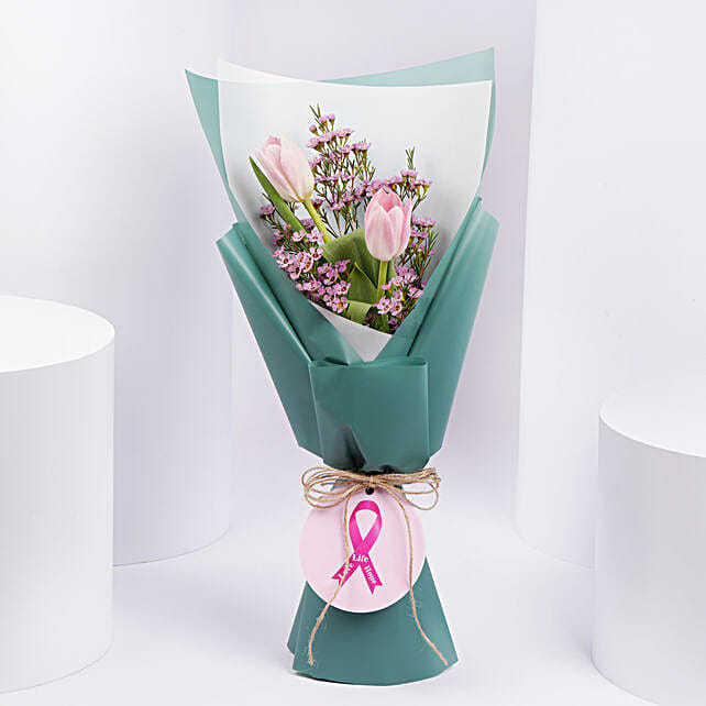 Tulips Bouquet Pink RIbbon Month uae | Gift Tulips Bouquet Pink RIbbon ...