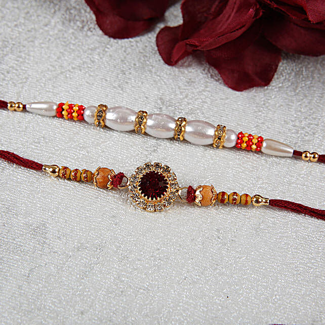 Marron Ruby Moti Rakhi Set uk | Gift Marron Ruby Moti Rakhi Set- FNP