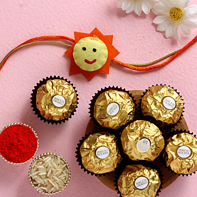 Cute Smiling Sun Kids Rakhi And 3 Pcs Ferrero Rocher Exp uk | Gift Cute ...