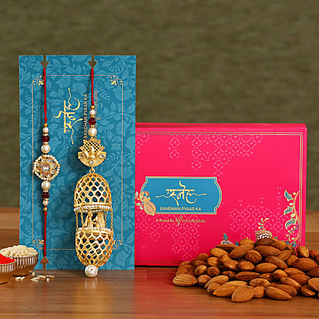 Raja Rani Jhoomar Lumba Rakhi Set With Healthy Almonds Exp uk | Gift ...