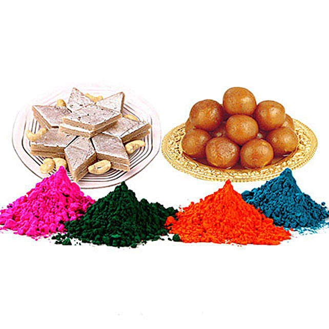 Kaju Barfi with Gulab Jamun and 4 shades of Gulal usa | Gift Kaju Barfi ...