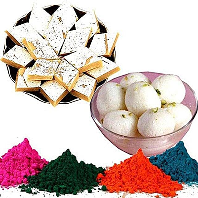 Kaju Barfi with Rasgulla and Holi Colors usa | Gift Kaju Barfi with ...