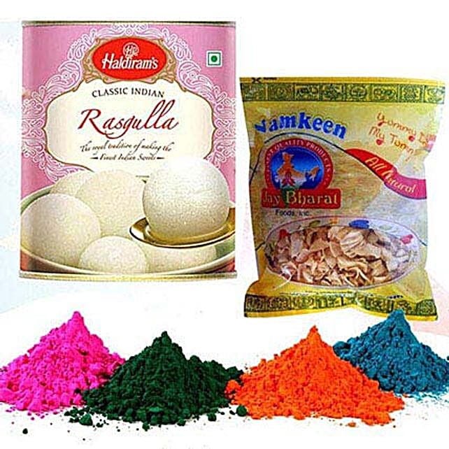Rasgulla with Namkeen and Holi Colors usa | Gift Rasgulla with Namkeen ...
