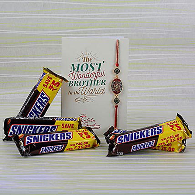 Rakhi With 5 Snickers Chocolates usa | Gift Rakhi With 5 Snickers ...
