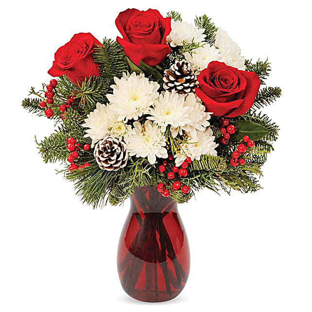 Rose n White Cushion Poms Red Vase Arrangement usa | Gift Rose n White ...