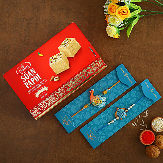Peacock And Turtle Rakhi Set With Soan Papdi usa | Gift Peacock And ...