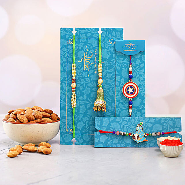 Set Of 4 Traditional Rakhis N Almonds Combo usa | Gift Set Of 4 ...