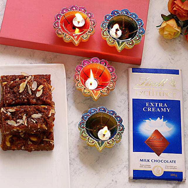 Designer Diyas With Lindt And Dhodha Burfi usa | Gift Designer Diyas ...