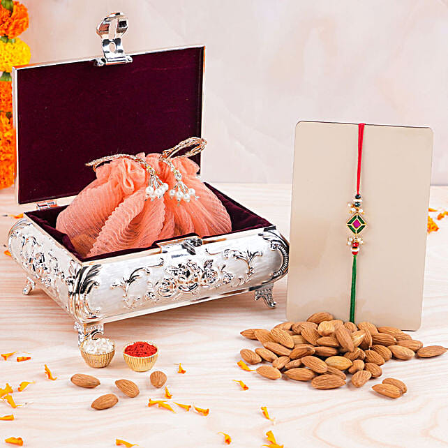 Raksha Tilak Pearl Rakhi & Almonds Silver Trunk Box usa | Gift Raksha ...