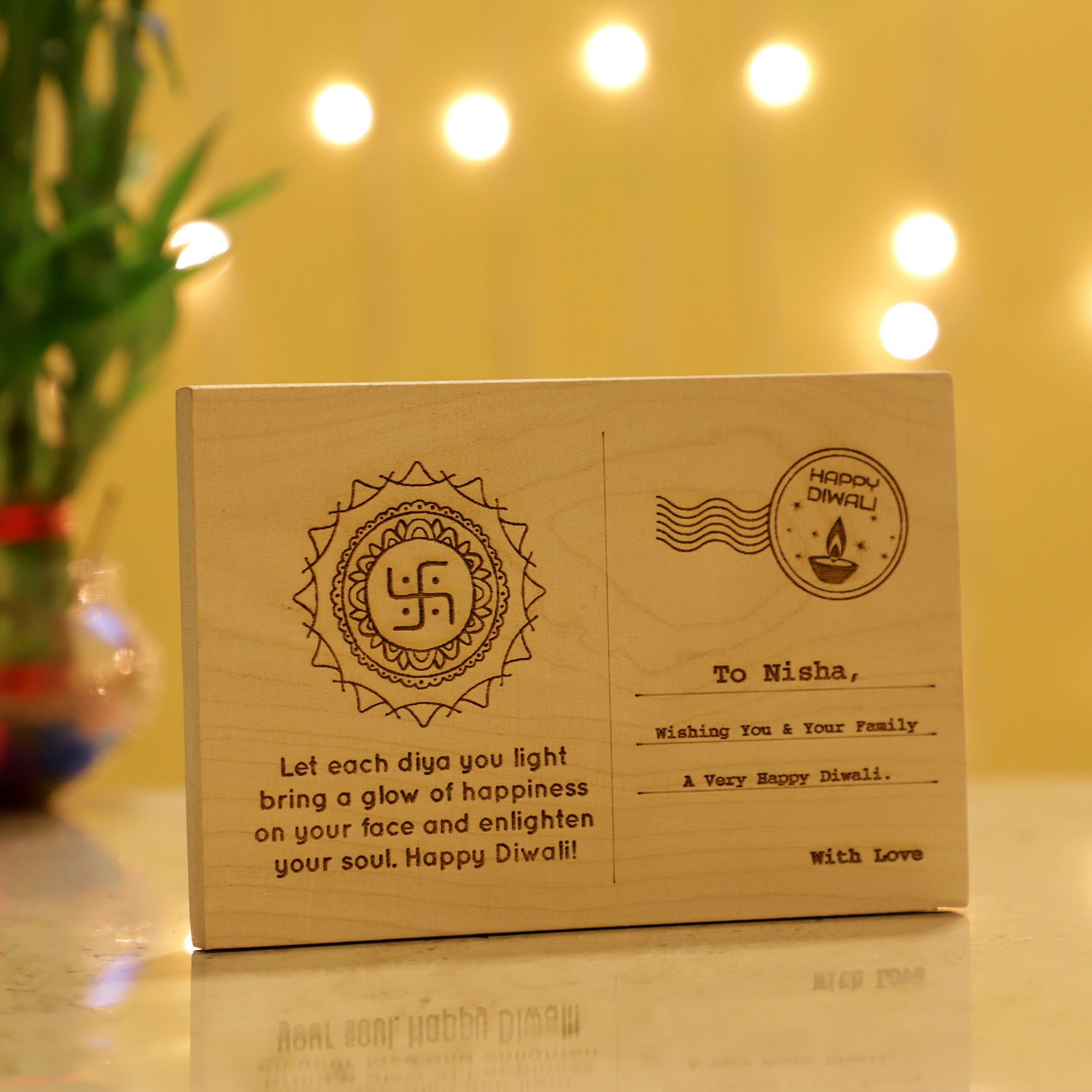 Buy/Send Personalised Diwali Wishes Wooden Postcard Online- Ferns N Petals
