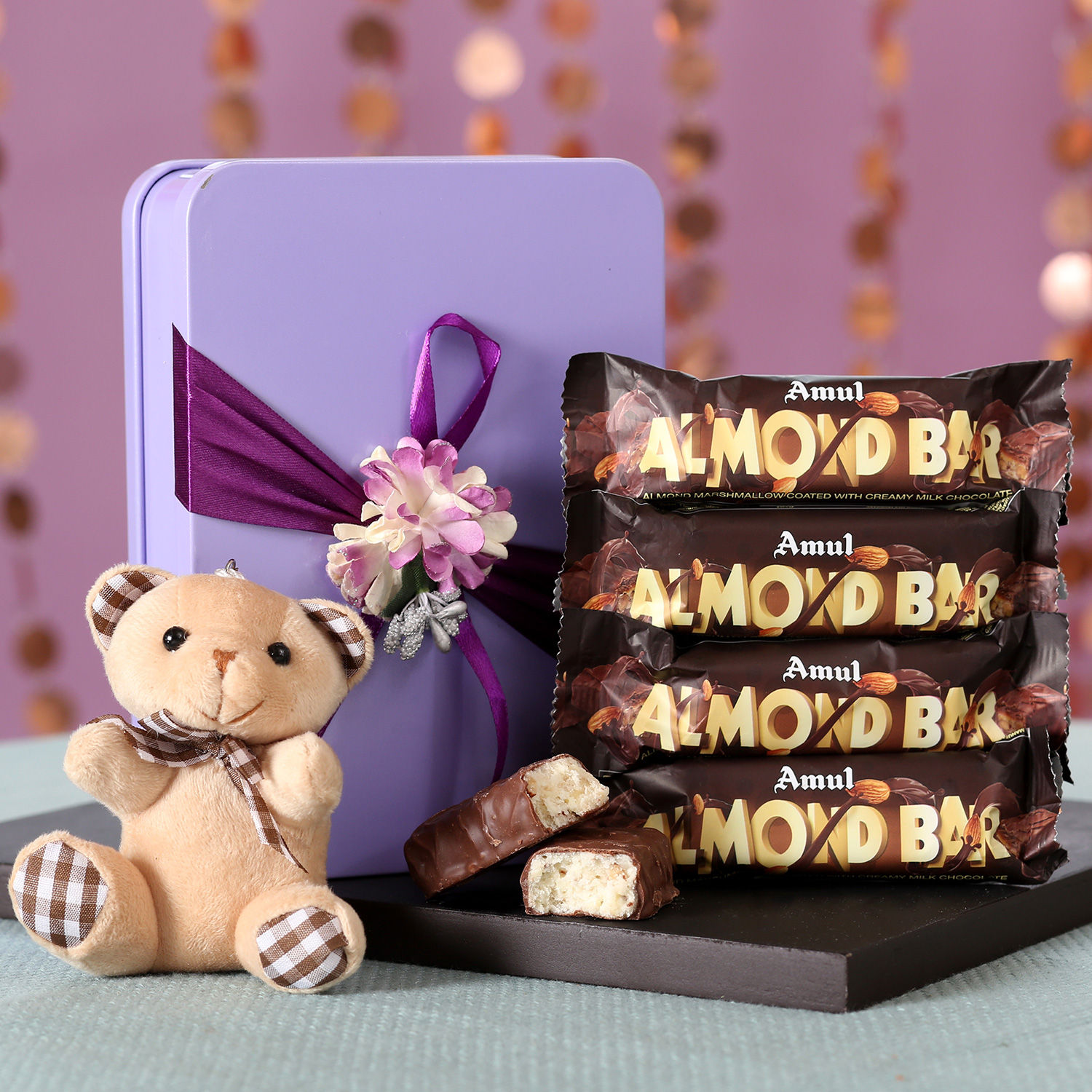 Amul Almond Bars Purple Tin Box | Gift Online Amul Chocolates In Cute ...